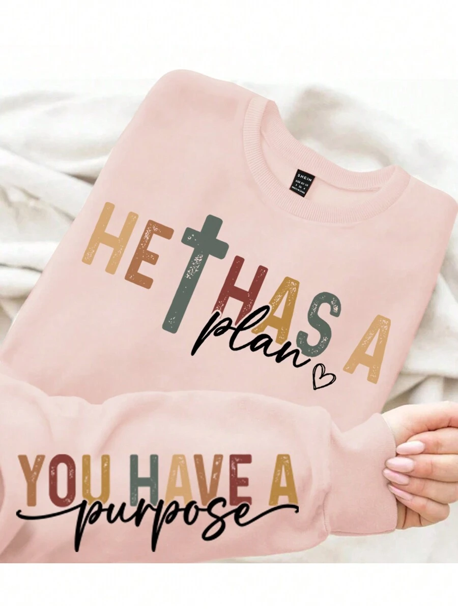 SHEIN Christian Motto, Slogan Colorblocking Round Neck Fleece Graphic ...