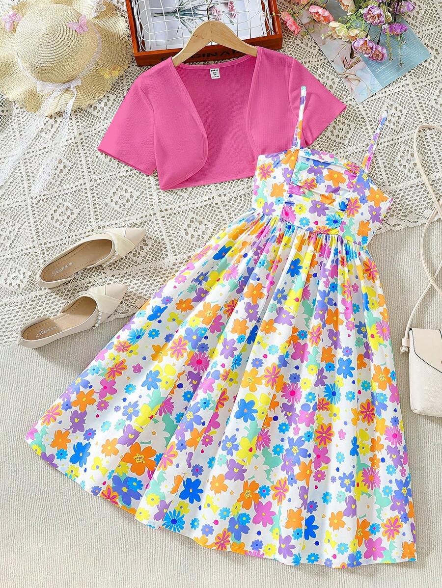 Tween Girl Solid Short Sleeve Simple Top And Fine Strap Spaghetti Strap ...