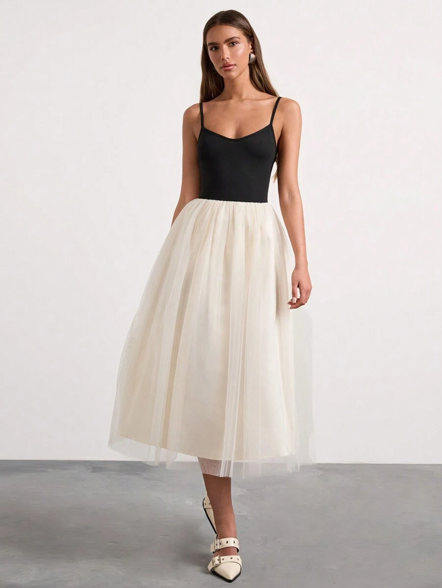 Glamine Women's Black & Milky White Mesh Splice Elegant Slip Dress ...