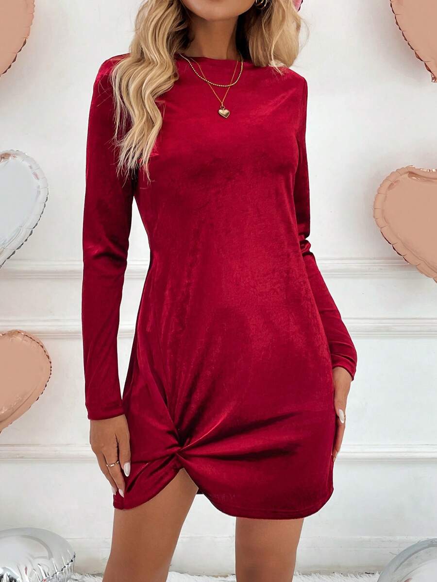 SHEIN LUNE Red Long Sleeve Dress Valentine Day Red Velvet Elegant Party ...