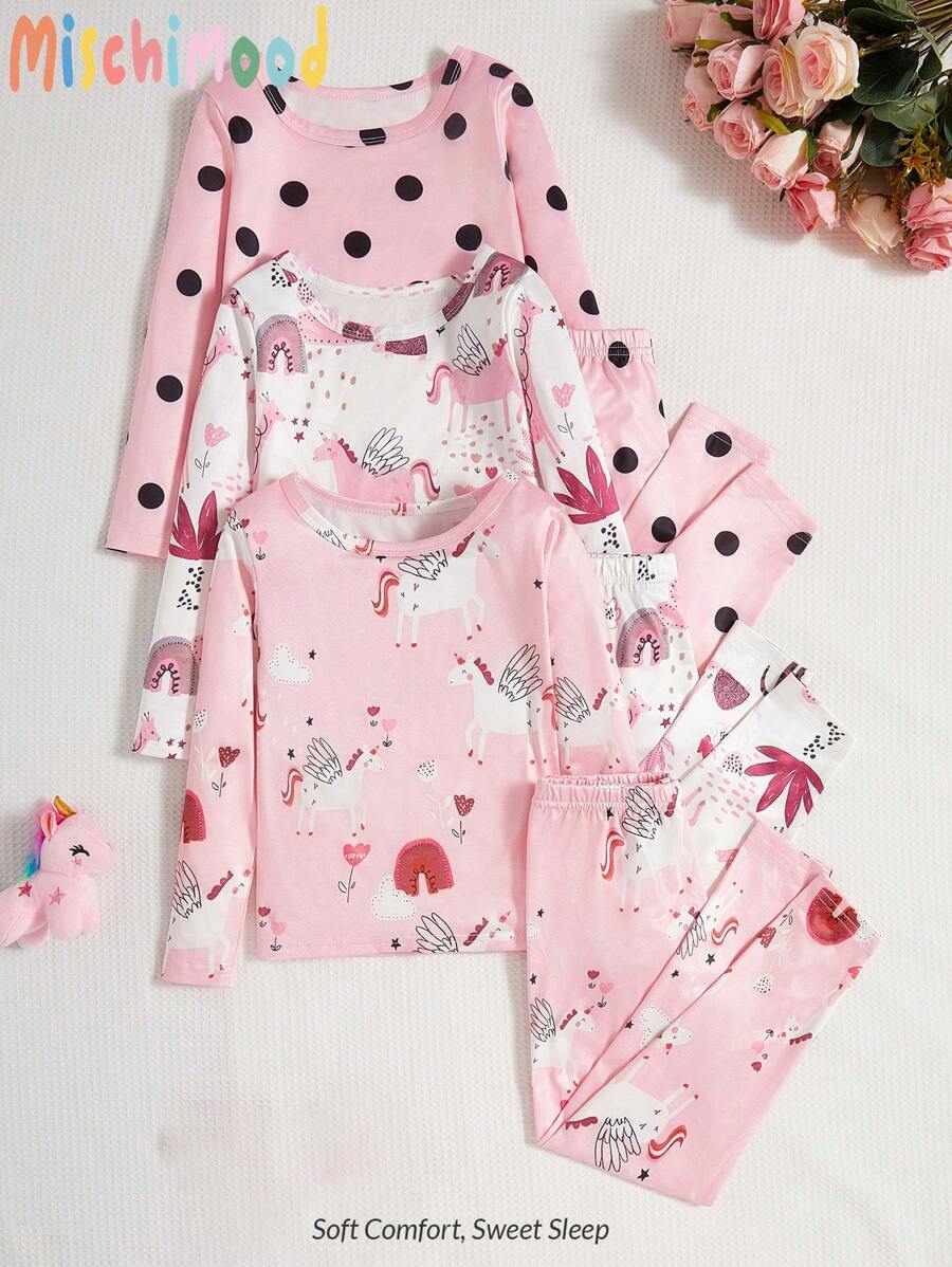 SHEIN Girls Pajamas 2-Piece Set, Unicorn Printed Tight-Fitting Long ...