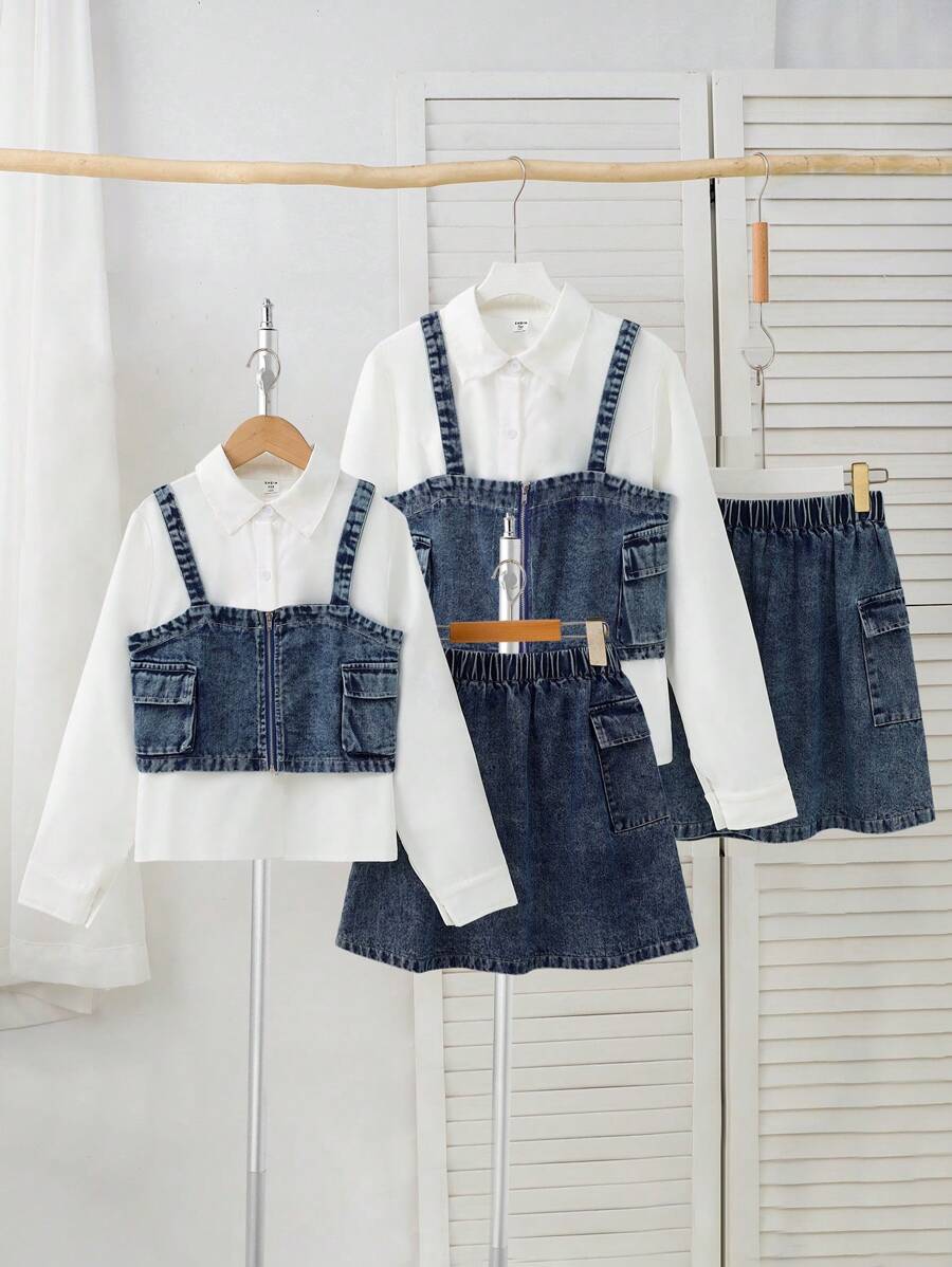 SHEIN Conjunto de 3 peças para Meninas Pré-adolescentes, Top Tecida com ...