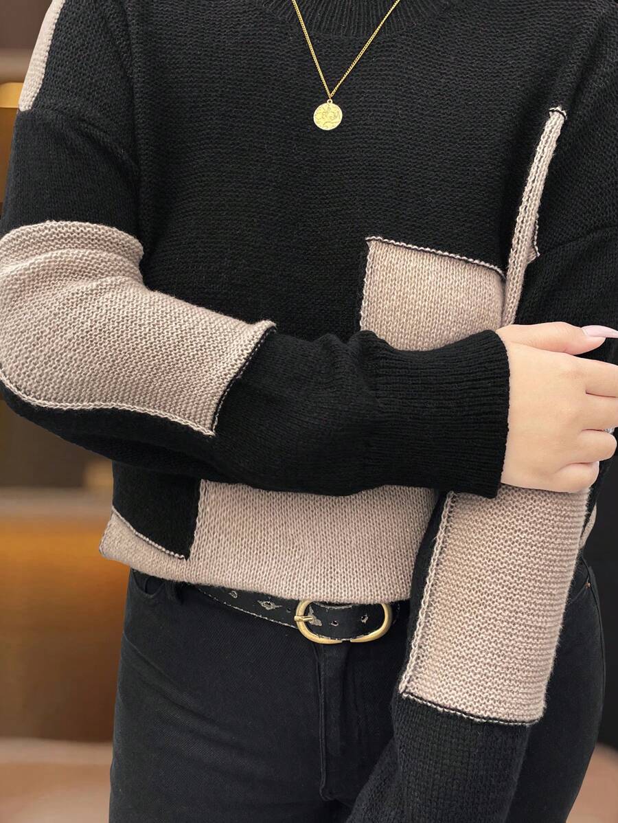 SHEIN LUNE Plus Size Women Colorblock Long Sleeve Sweater, Suitable For ...