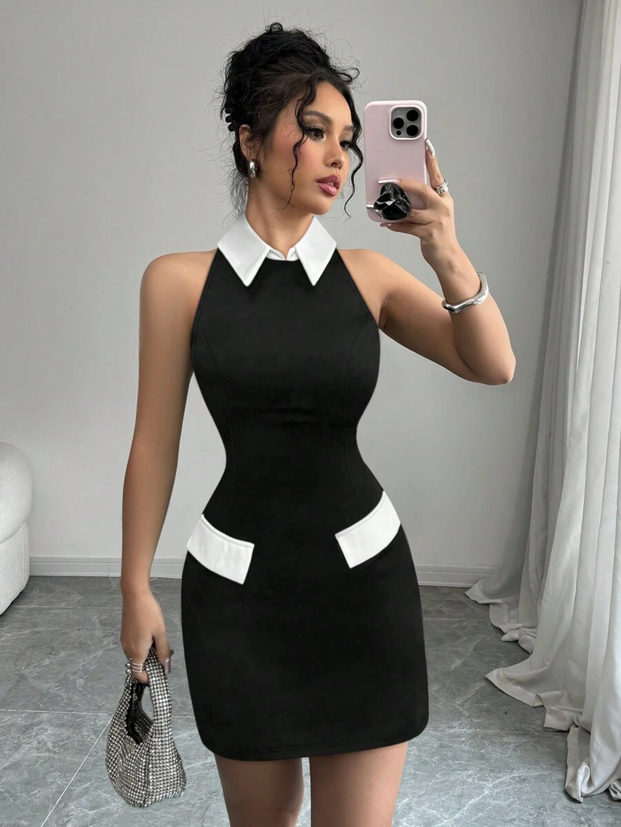 Elenzga Women Collared Color Block Black And White Fitted Mini Dress ...
