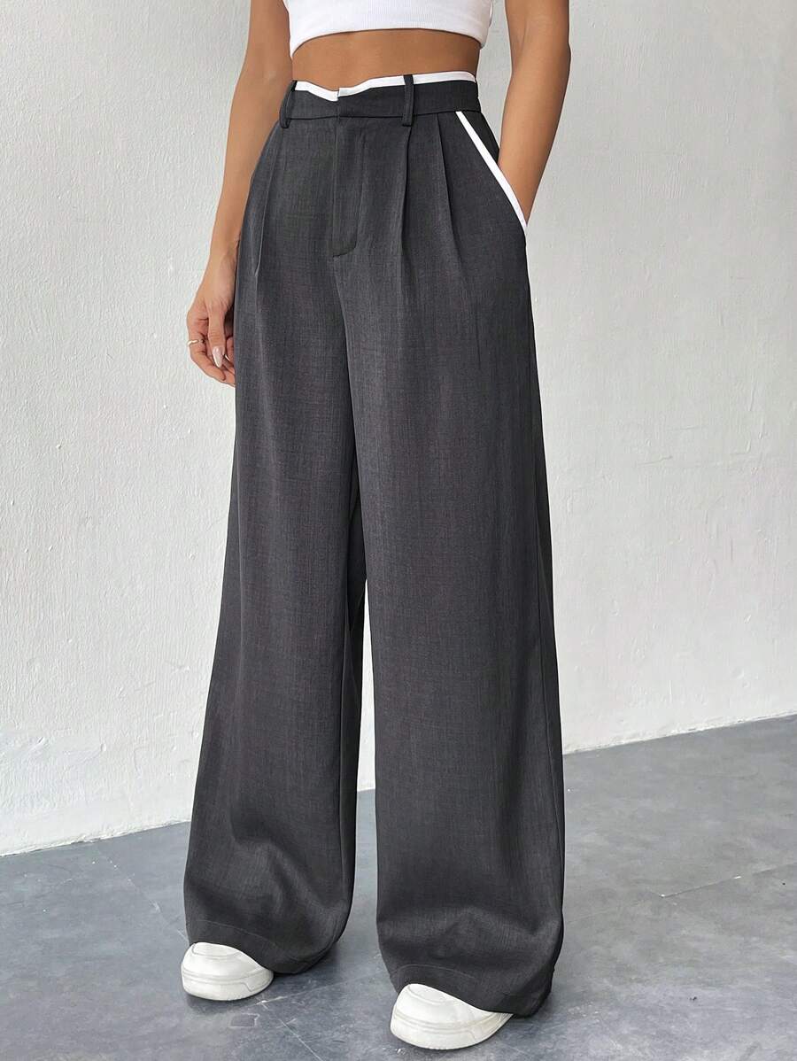 SHEIN Raffinéa Dark Grey Wide Leg Suit Pants, Loose Fit Fashion Wide ...