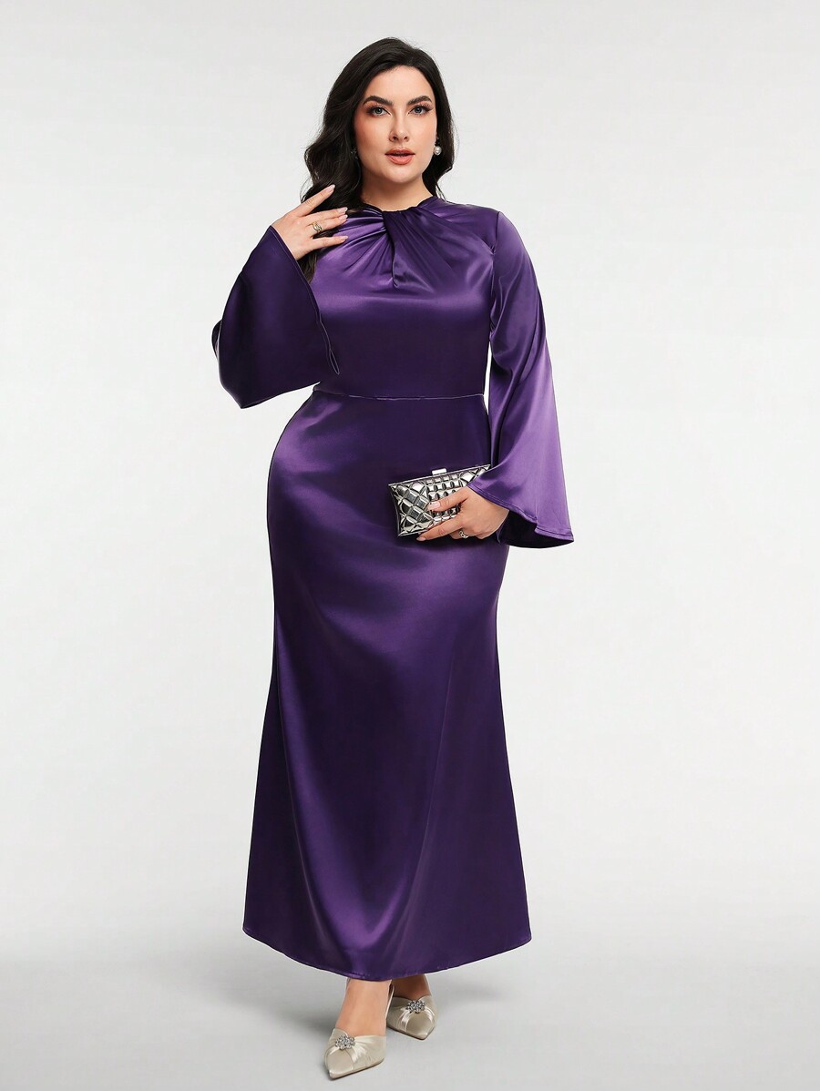 Veilorie Plus Size Women Elegant Solid Color Twist Neck Flare Sleeve Arabian Dress Modest ...