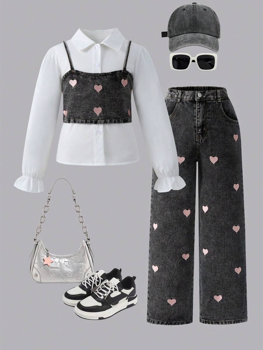 SHEIN 3pcs Y2K Style Tween Girl Distressed Heart Embroidery Camisole ...