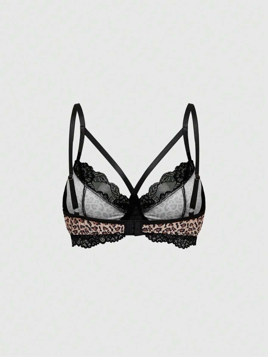 Romwe Grunge Punk Women Leopard Print And Contrast Lace Underwire Bra
