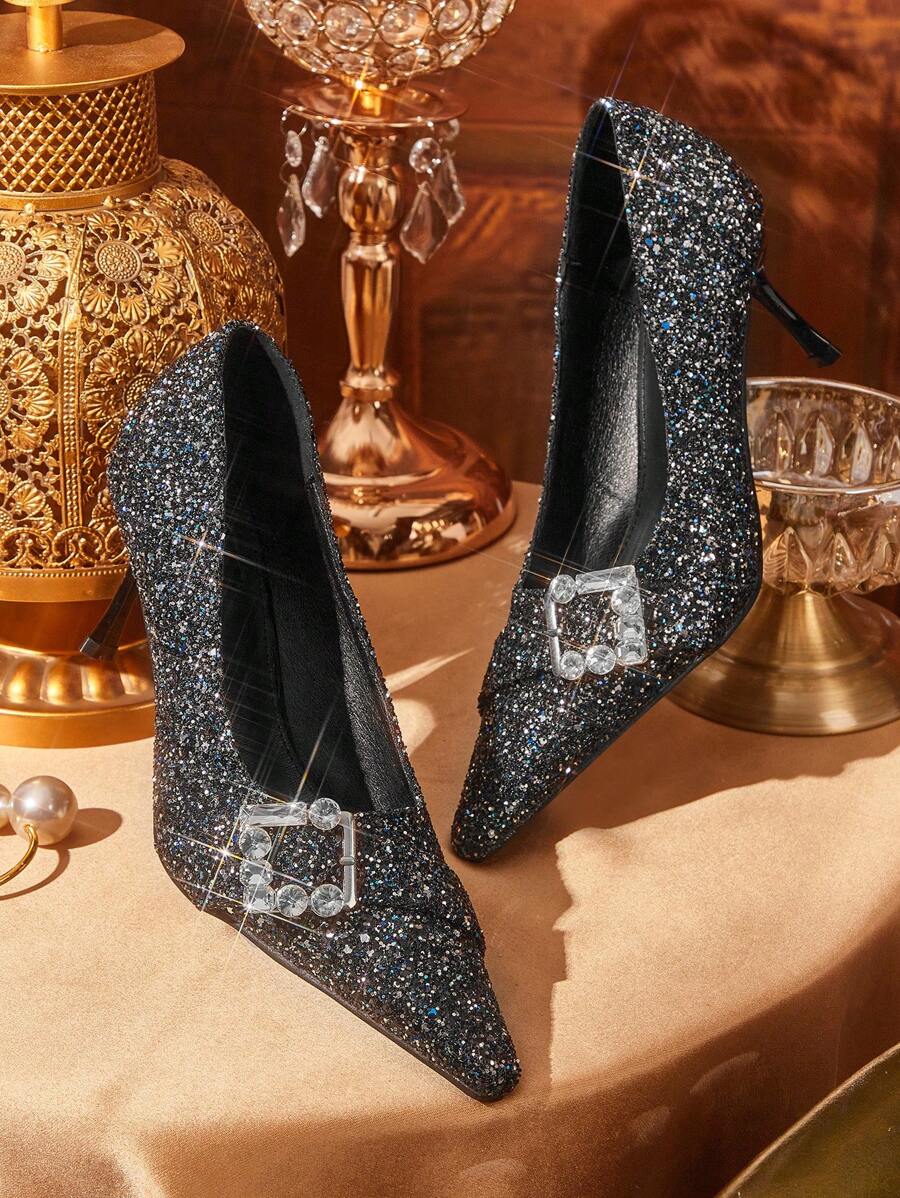 CUCCOO TILAWA Women's Black Glitter Sparkling Elegant Quality Rhinestone Buckle Design Pointed ...