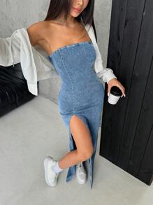SHEIN ICON Women's Casual Form-Fitting Denim Camisole Dress With High ...