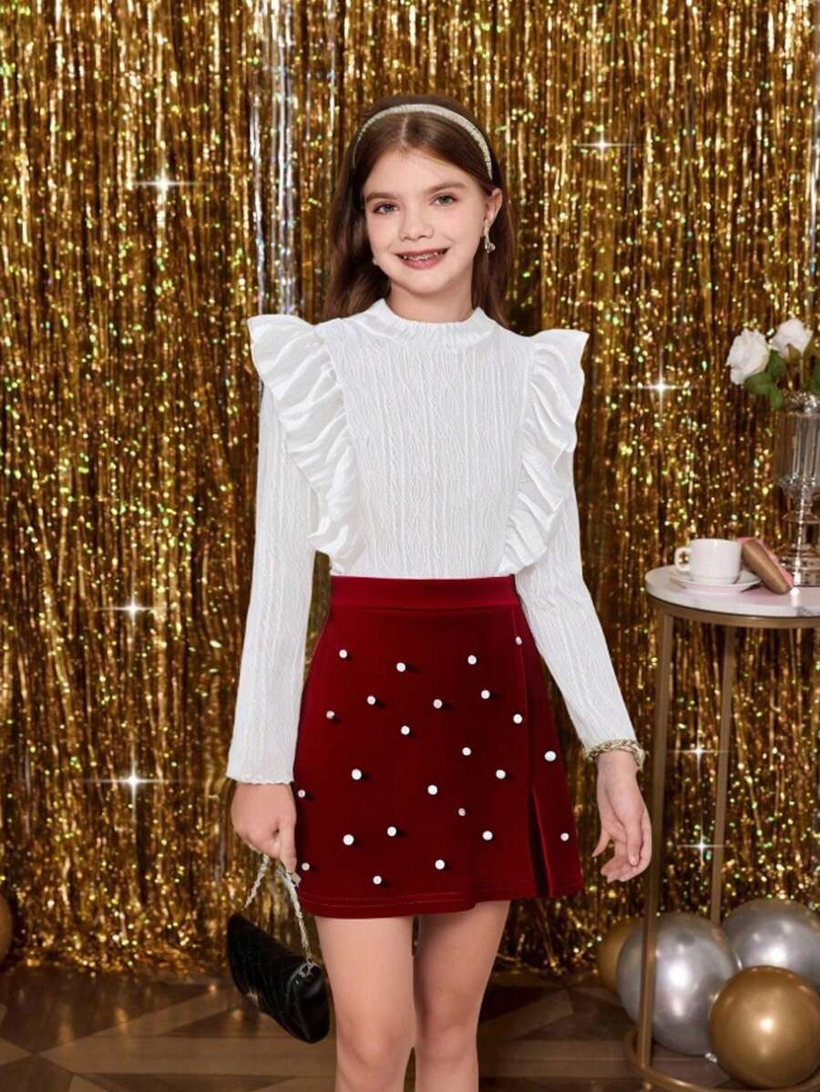 Glamorique Kids Tween Girls White Jacquard Ruffle Crop Top With Wine ...