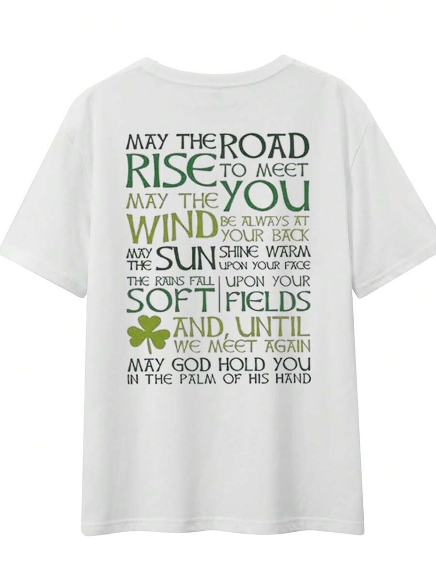 SHEIN LUNE Four Leaf Clover And Slogan Pattern, Lucky T-Shirt, Casual ...