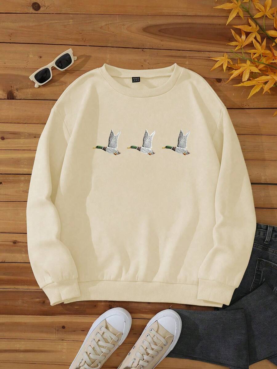 SHEIN EZwear Women's 3D Print With Embroidery Effect Ducky Pattern Crew ...