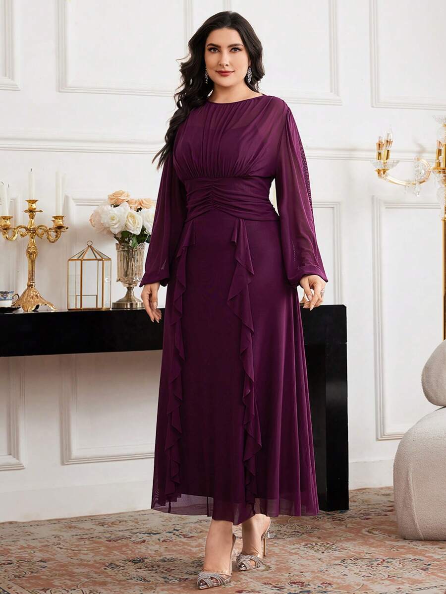 Modelyn Plus Size Solid Color Long Sleeve Formal Elegant Dress, Simple Stylish Casual Everyday ...