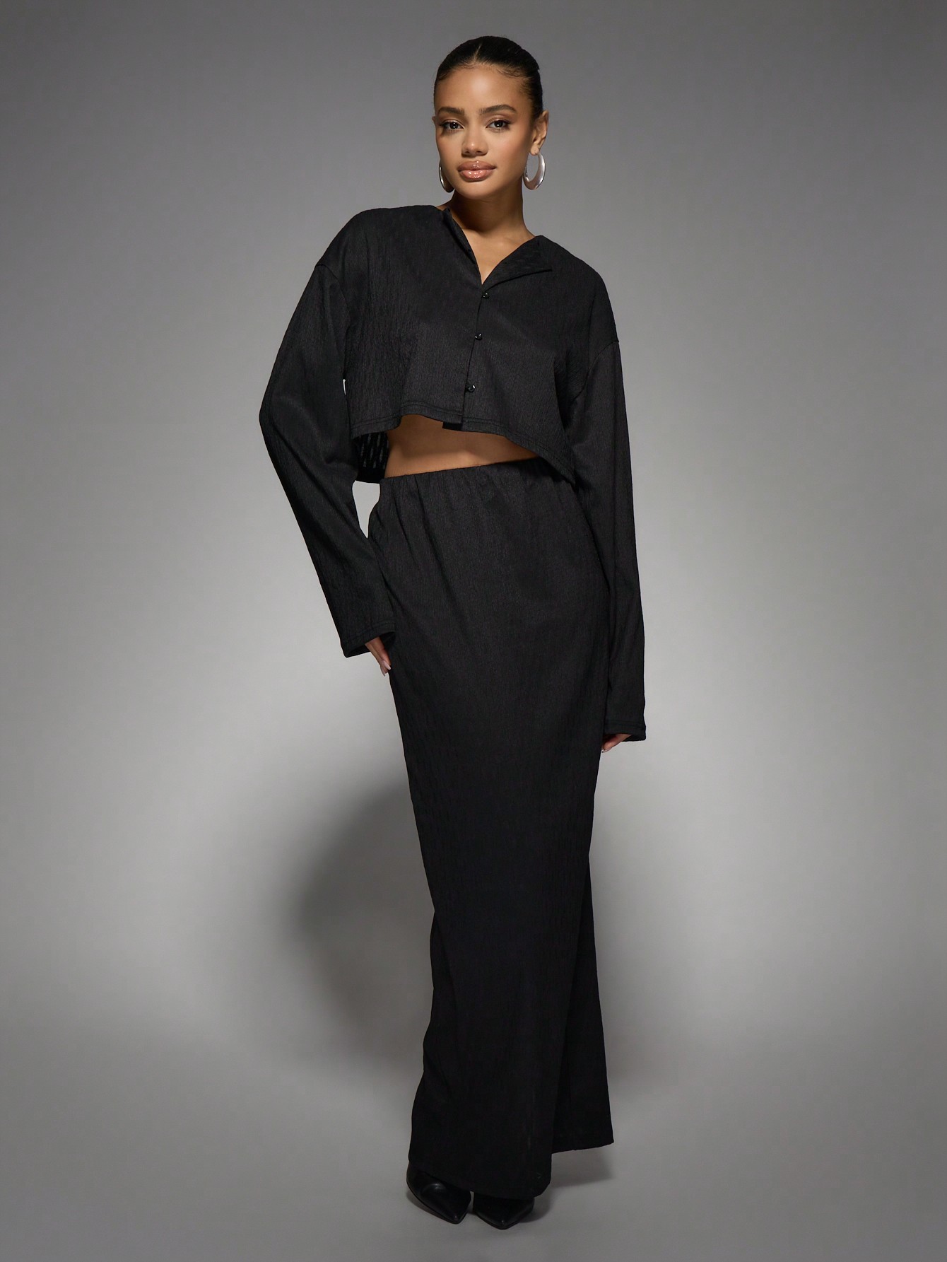 MISSGUIDED Button-Front Crop Top Maxi Skirt Two-Piece Set｜MISSGUIDED