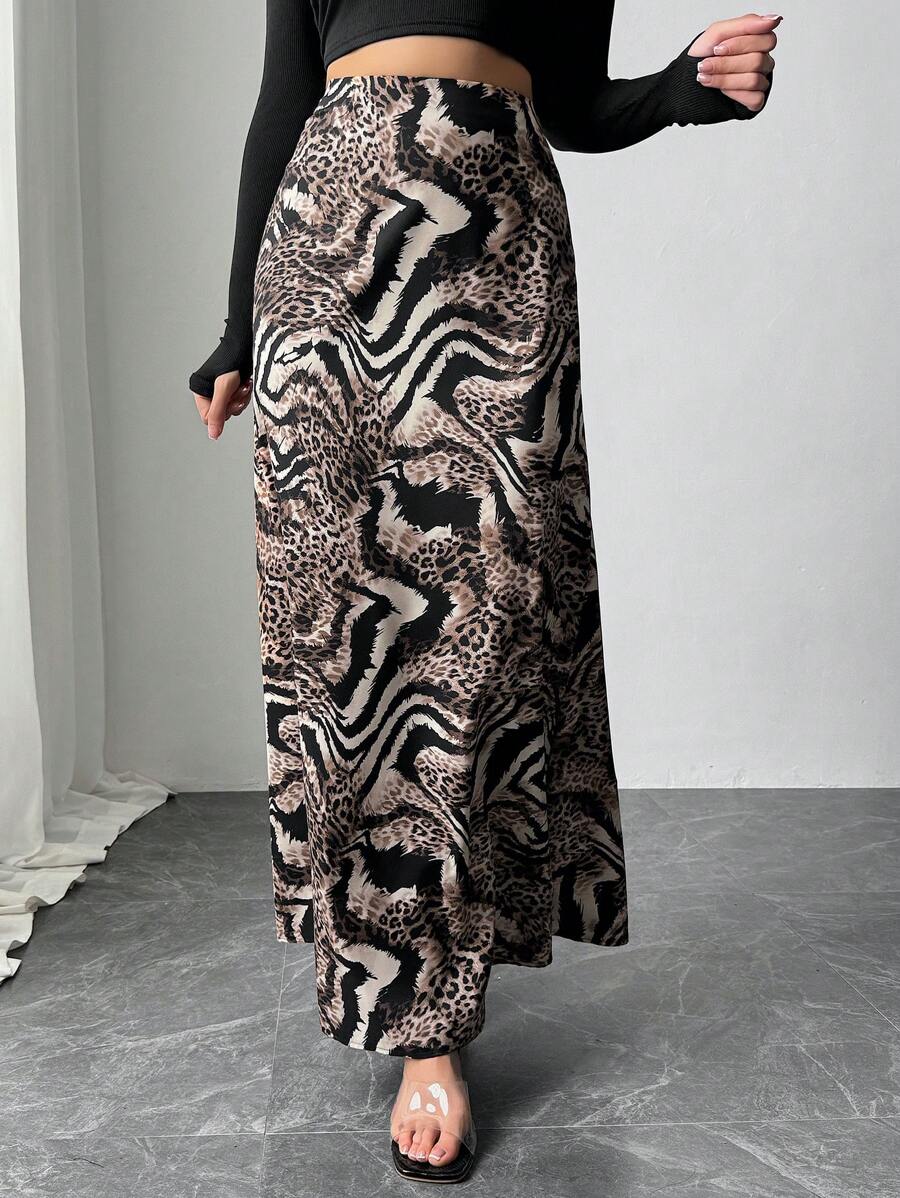 SHEIN Raffinéa Jupe longue évasée à taille élastique imprimé léopard et zèbre | Mode en ligne ...