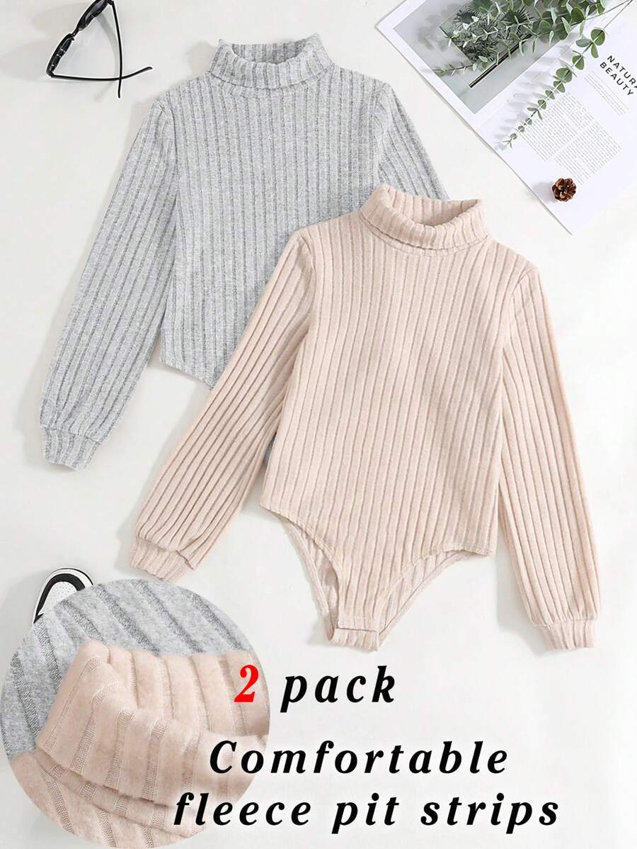 2pcs/Set Tween Girls Ribbed Knit Turtleneck Casual Long Sleeve Jumpsuit ...