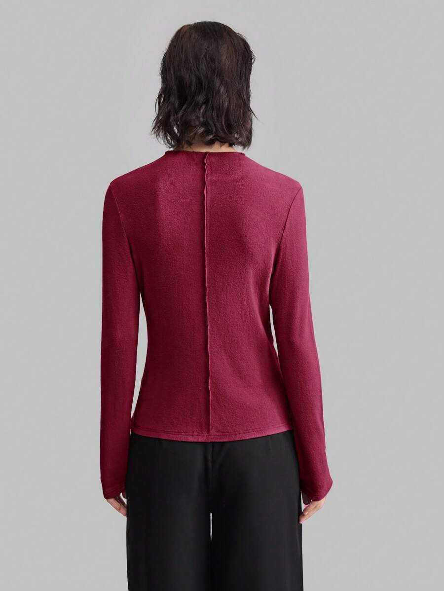 Ontre Women's 2025 New Fashion Khaki Stand Collar Long Sleeve T-Shirt, Slit Slim Fit Trendy Tops ...