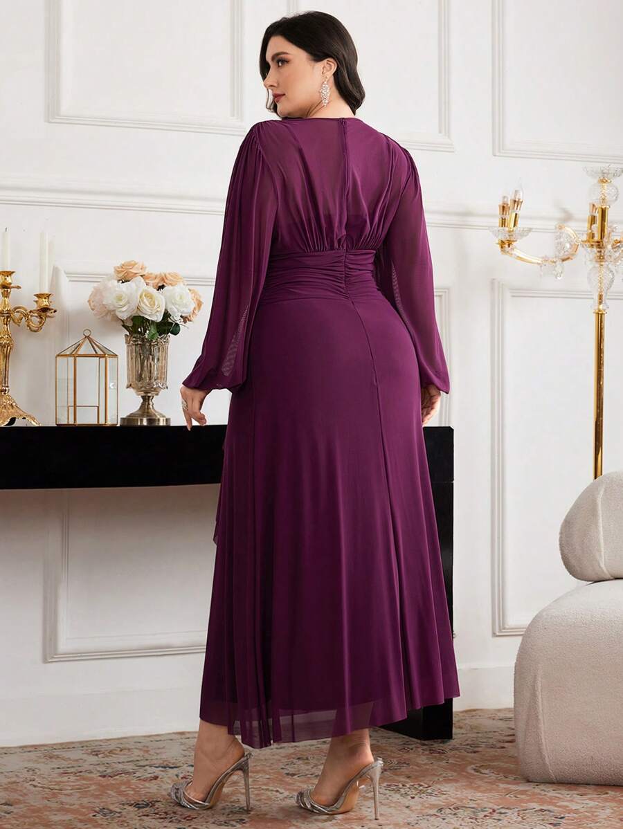 Modelyn Plus Size Solid Color Long Sleeve Formal Elegant Dress, Simple Stylish Casual Everyday ...