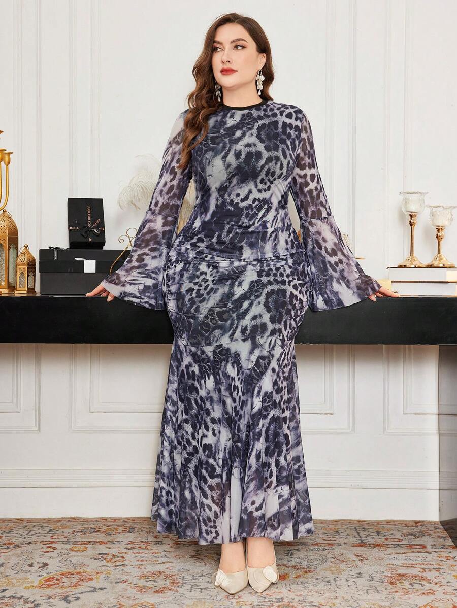 SHEIN Modely Plus Size Mesh Leopard Print Long Flared Sleeve Ruched ...