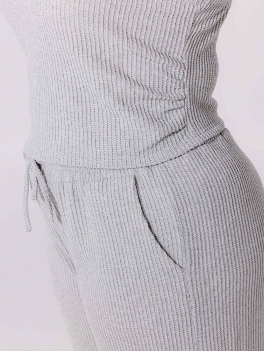 Aralina Cozy Super Soft Curve Heather Gray Drawstring Waist Waffle Jersey Top And Lounge Pants ...
