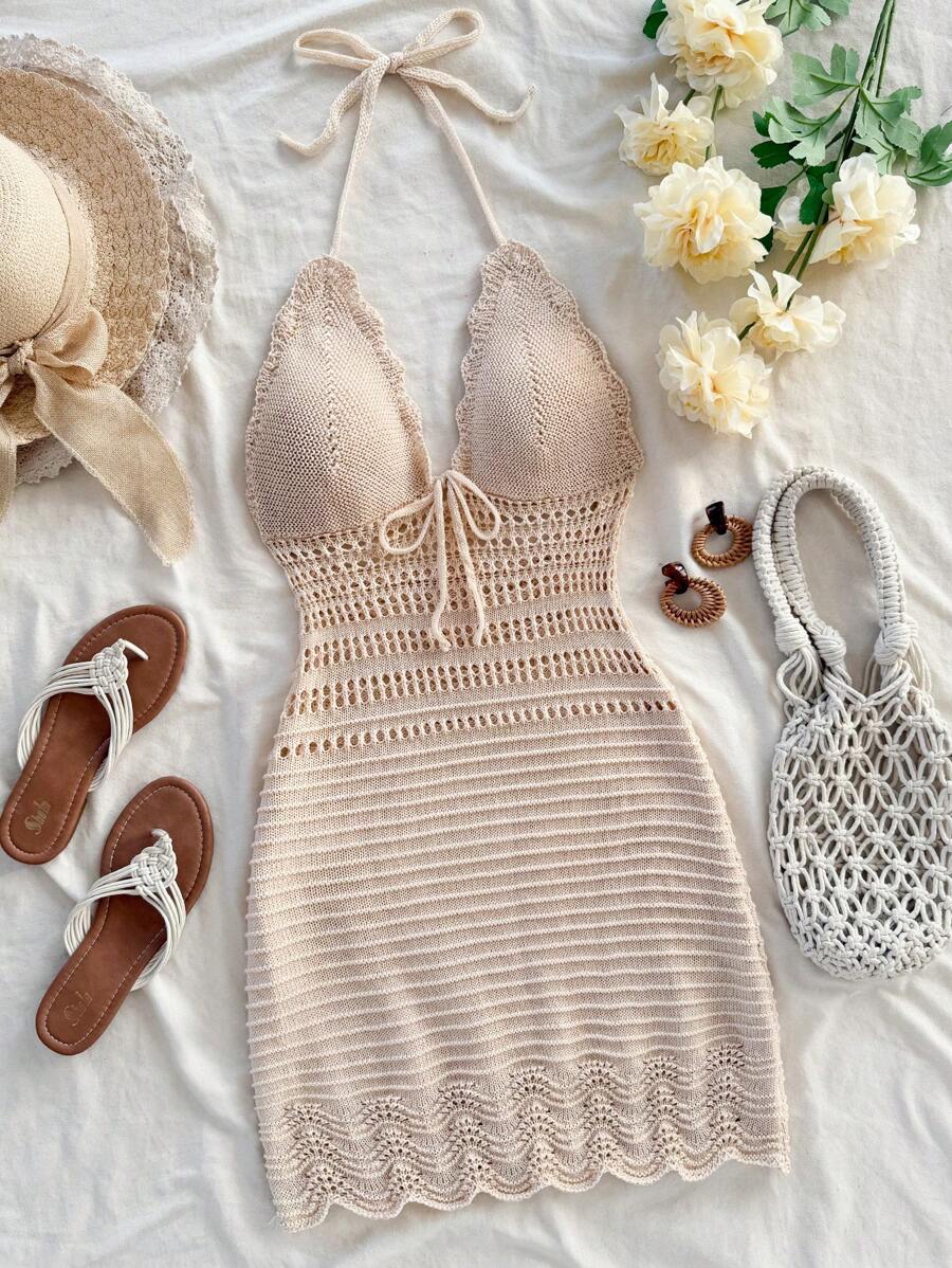 SHEIN WYWH Vestido de Praia com Estilo Sexy de Decote Nas Costas, Tricô, Suspensório, Recorte ...