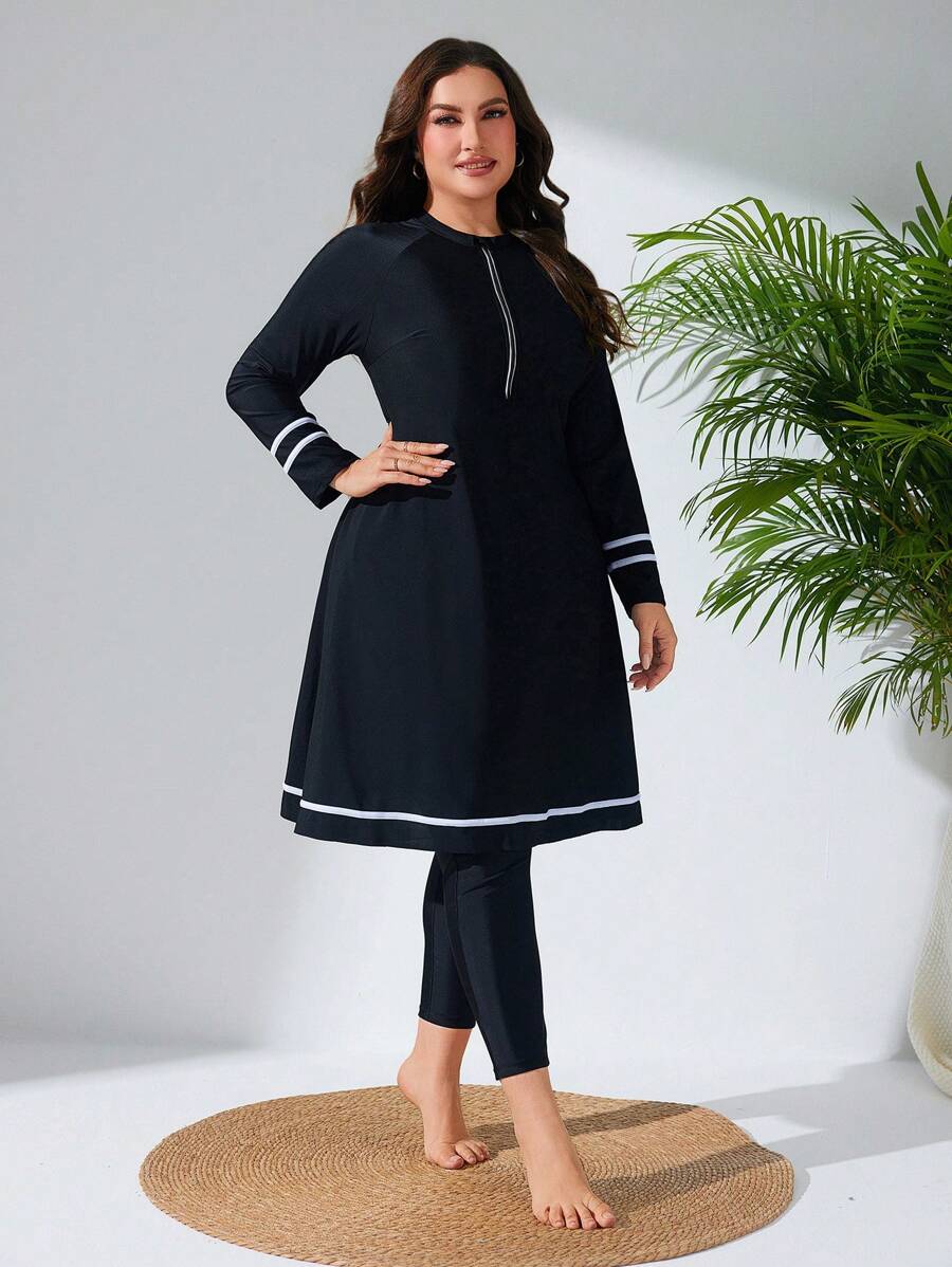 Swim Mulvari Plus Size Women 2pcs Solid Color Contrast Trim Long Sleeve ...