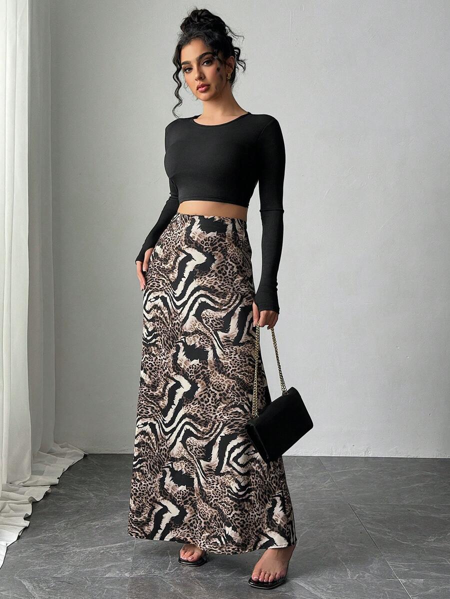 SHEIN Raffinéa Jupe longue évasée à taille élastique imprimé léopard et zèbre | Mode en ligne ...