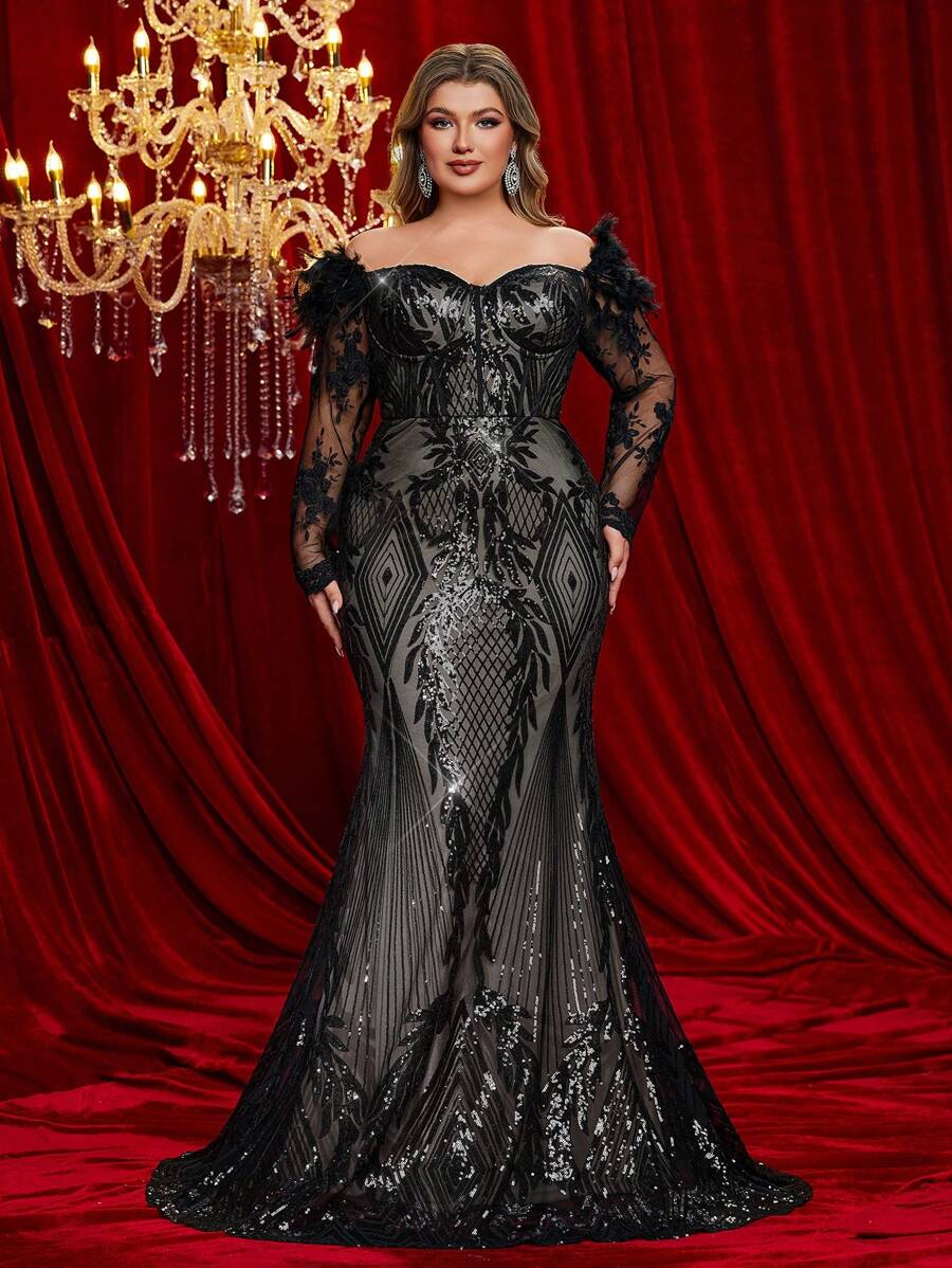 Glamrae Plus Size Sexy Sheer Black Sequined & Fur Panel Elegant Evening Gown (Feathered Sleeves ...