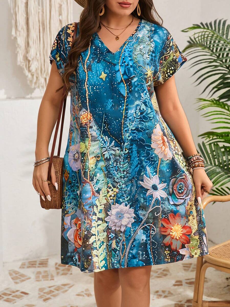 EMERY ROSE Plus Size V-Neck Short Sleeve Floral Print Casual Mini Dress For Summer | SHEIN USA