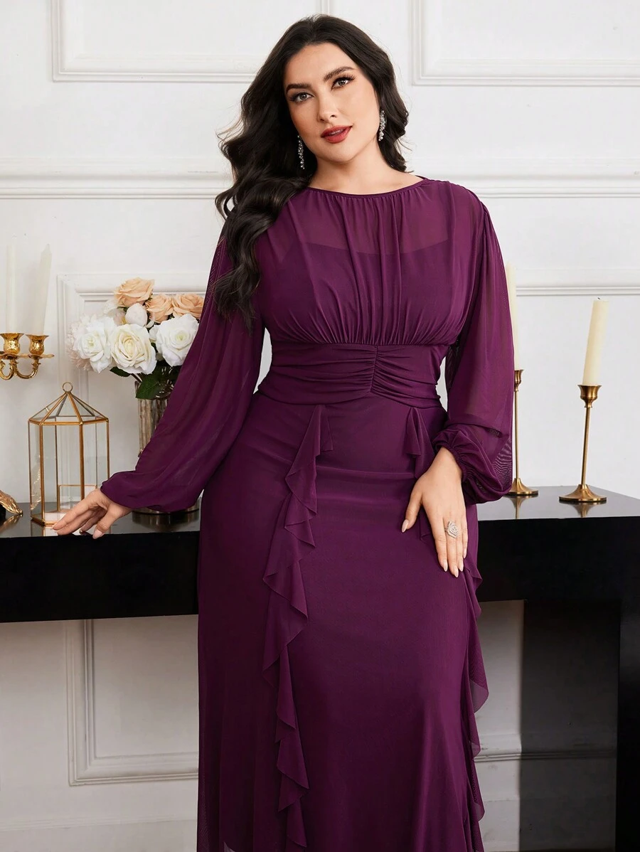 Modelyn Plus Size Solid Color Long Sleeve Formal Elegant Dress, Simple Stylish Casual Everyday ...