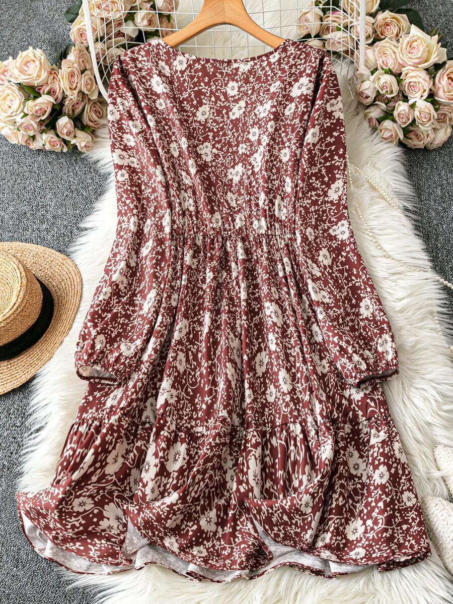 SHEIN LUNE Plus Size V-Neck Floral Print Ruffled Hem Casual Long Sleeve ...