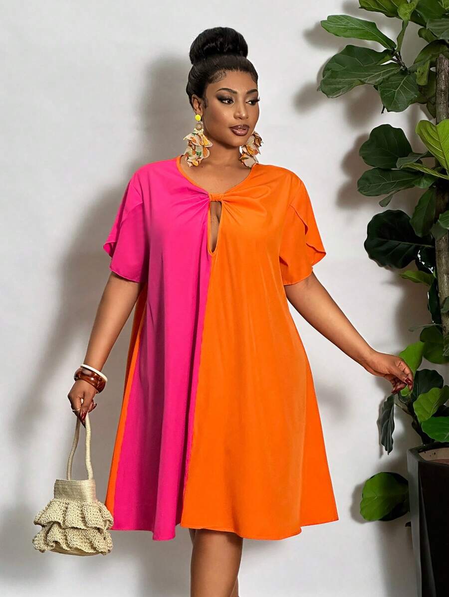 Slaydiva Plus Size Summer Color Block Patchwork Holiday Casual Dress ...