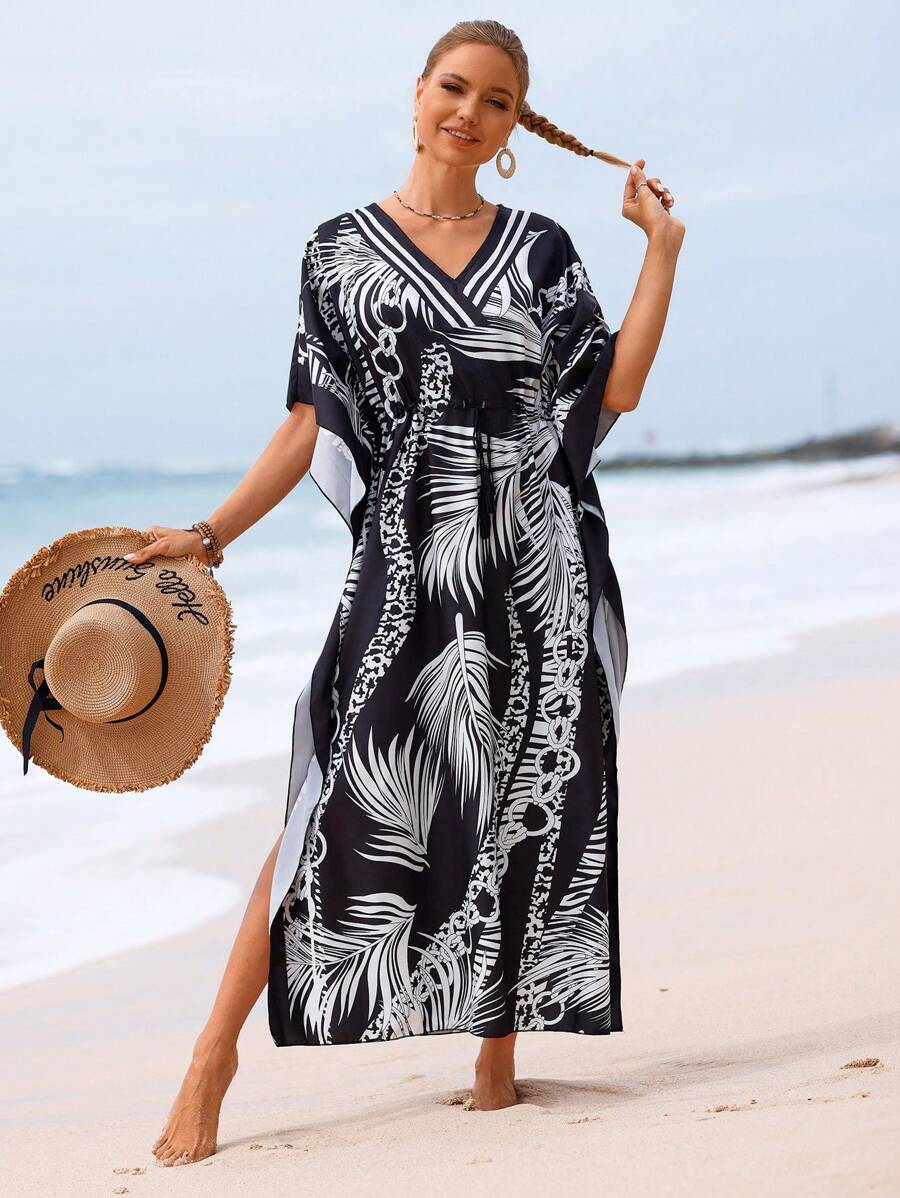 Swim Vcay Vestido de playa tipo capa con estampado de plantas ...