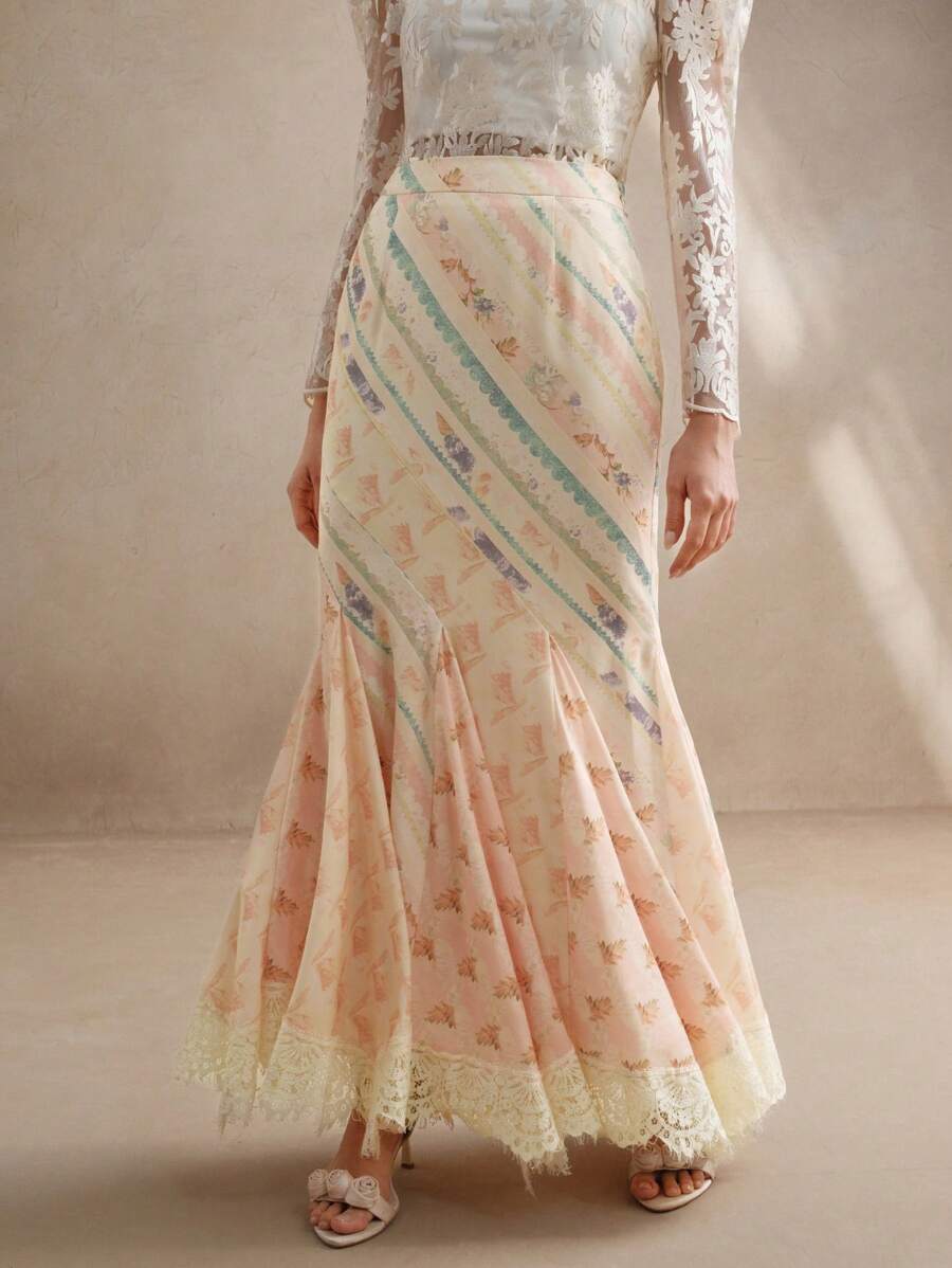 Anewsta Zweischichiger Kontrast-Spitzen eleganter bedruckter Rock ...