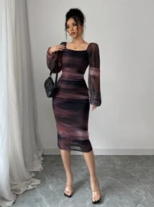 Rafferiza Lange Damen Chiffon-Kleid mit Leopardenmuster, Langarm, für ...