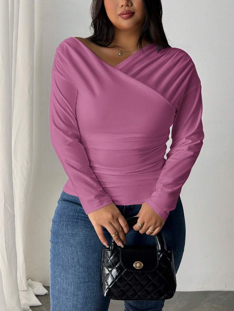 SHEIN Privé Plus Size Women's Elegant Shirred Crossover One Shoulder ...