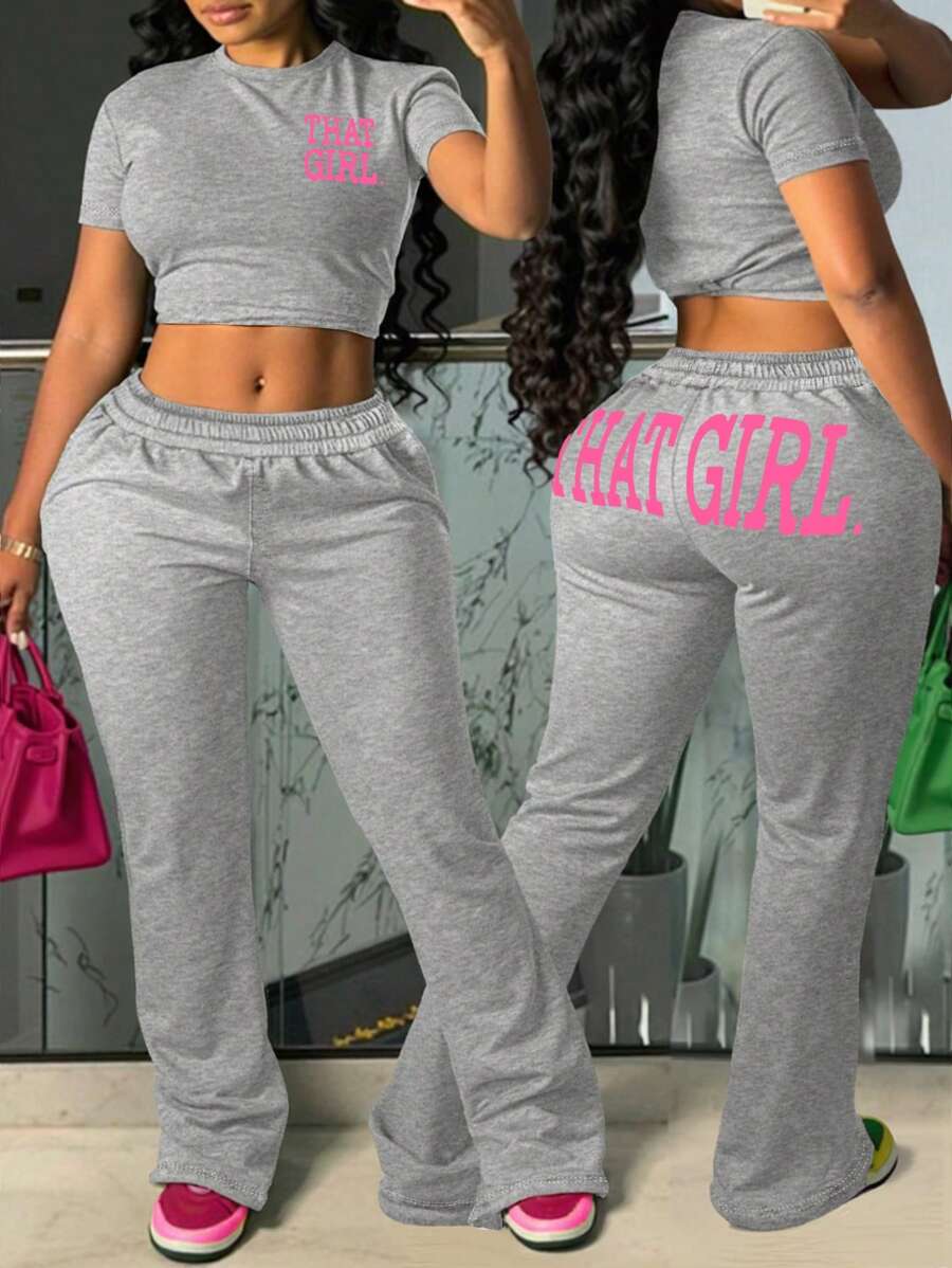 INAWLY 2pcs/Set Women Y2K Letter Print Cropped Round Neck Short Sleeve ...