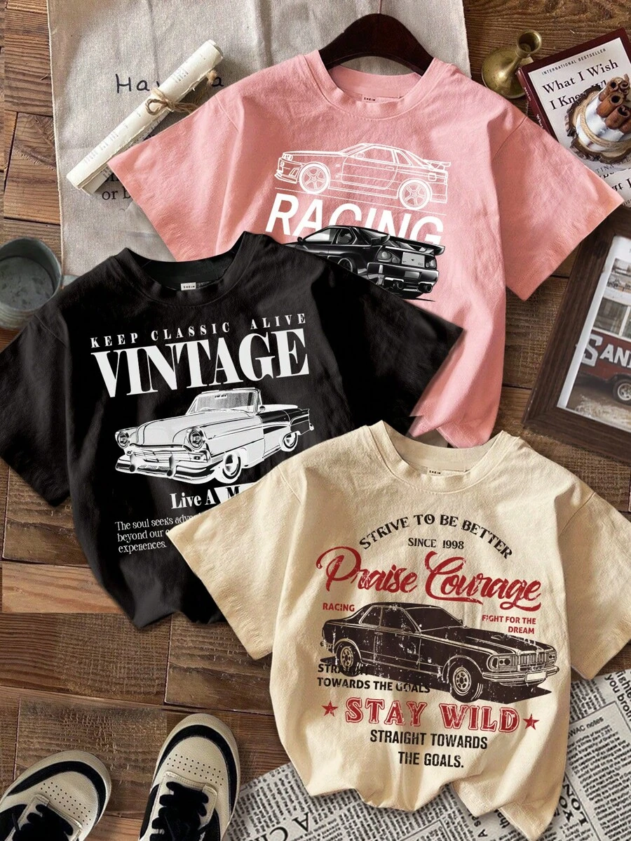 SHEIN Tween Girls Casual Minimalist Retro Racing Car Graphic Tee Shirts ...