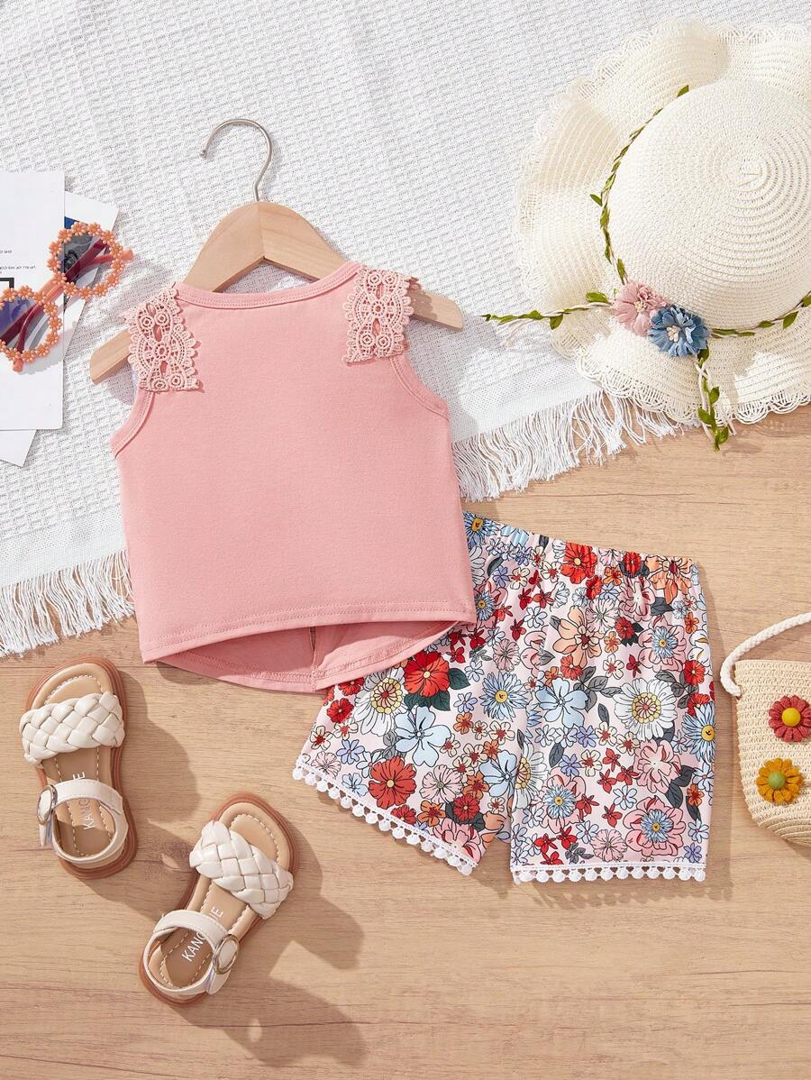 SHEIN Baby Girls Summer Floral Printed Skirt And Knit Cami Top 2-Piece ...