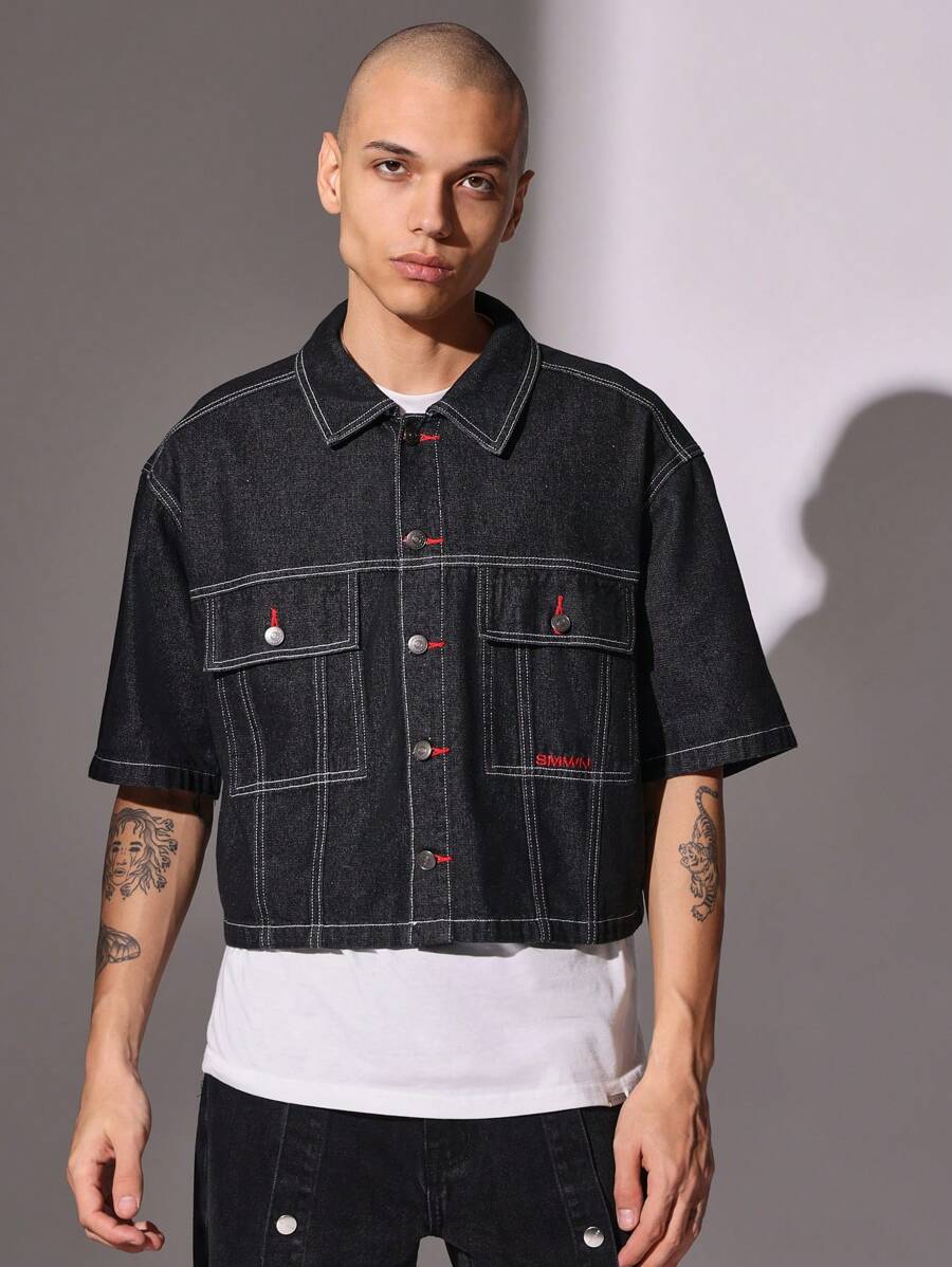 SUMWON Contemporary Cropped Denim Jacket Street Style Workwear Button ...