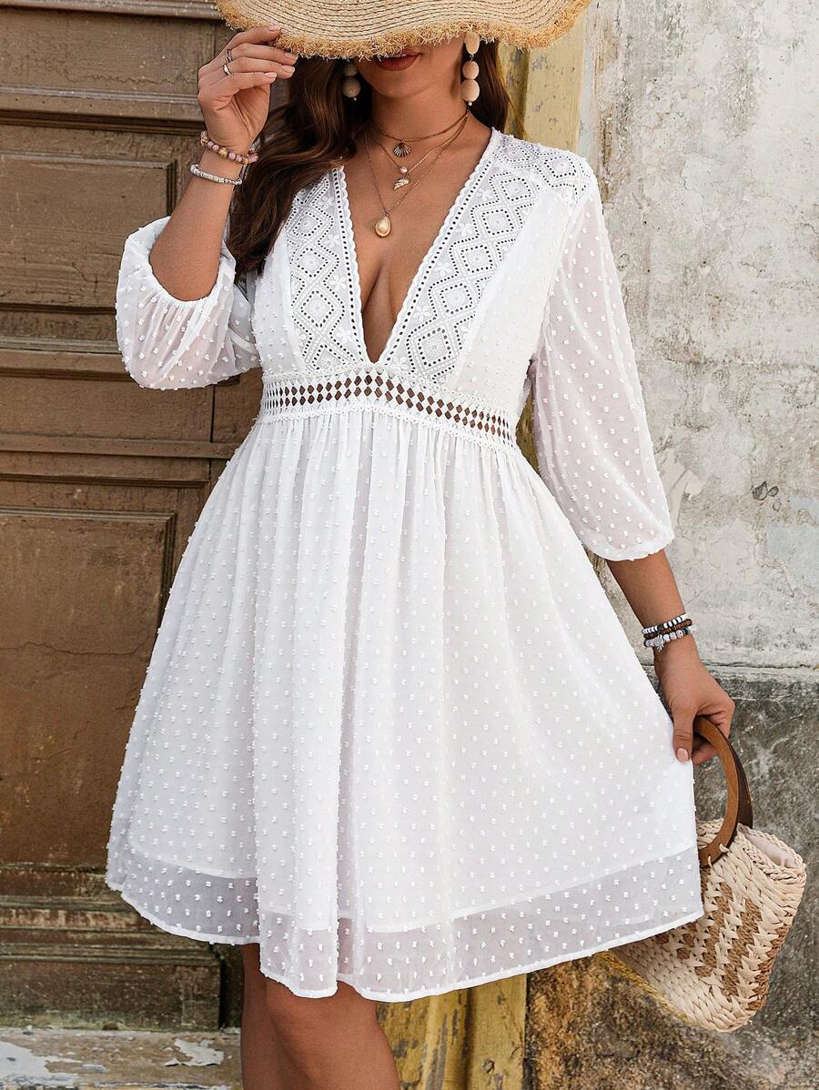 SHEIN Privé Plus Size Hollow Flower Edge Textured Holiday Midi Dress ...