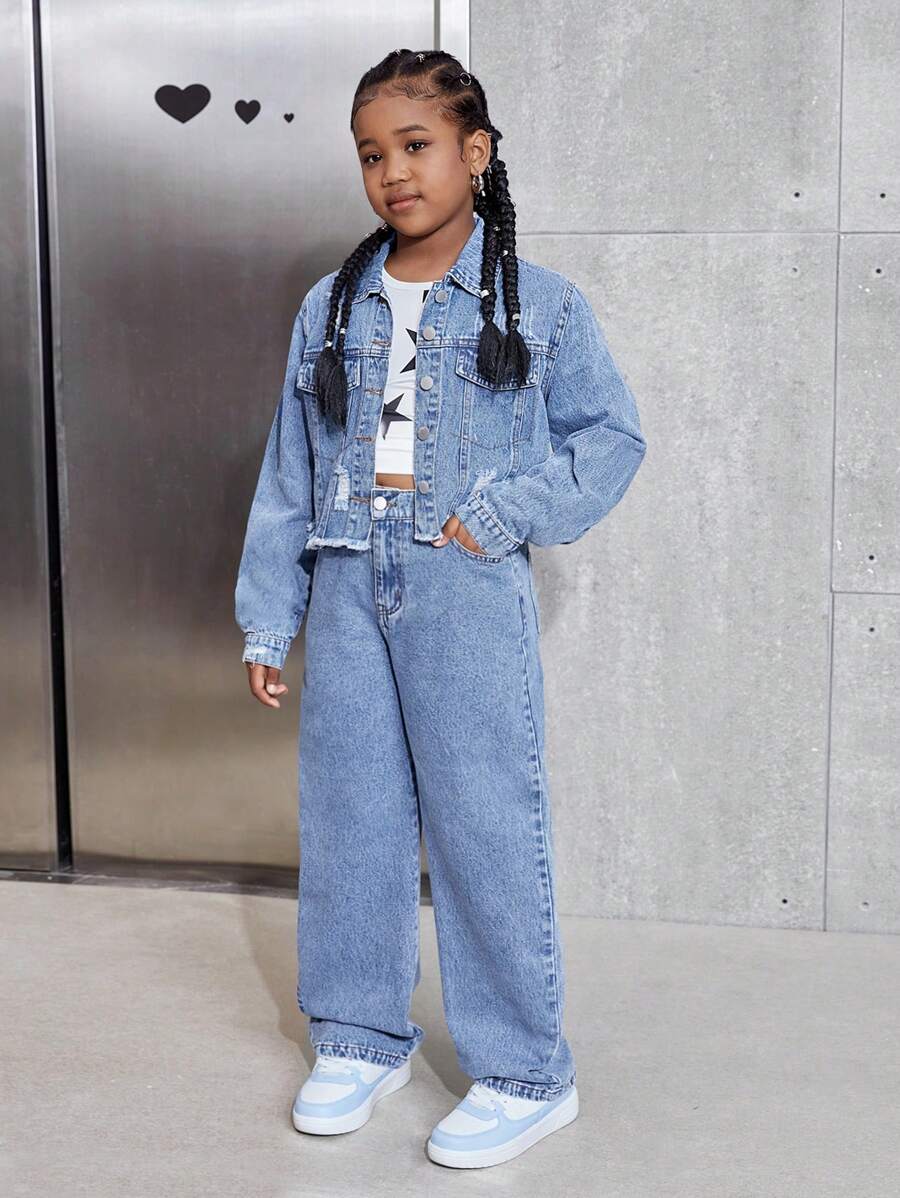 SHEIN Tween Girls Trendy Casual Distressed Denim Jacket & Straight Leg ...