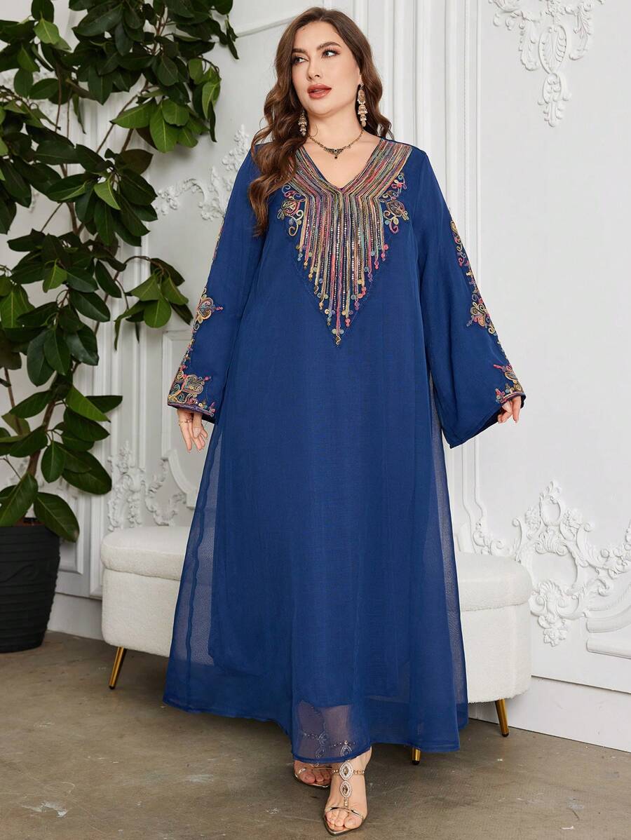 SHEIN Najma CURVE Plus Size Elegant & Simple Arabic Robe, Embroidered ...