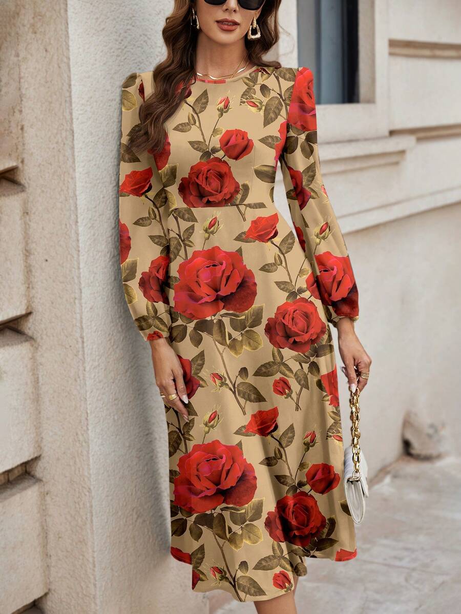 SHEIN Clasi Retro Floral Print Round Neck Long Sleeve Fitted Women ...