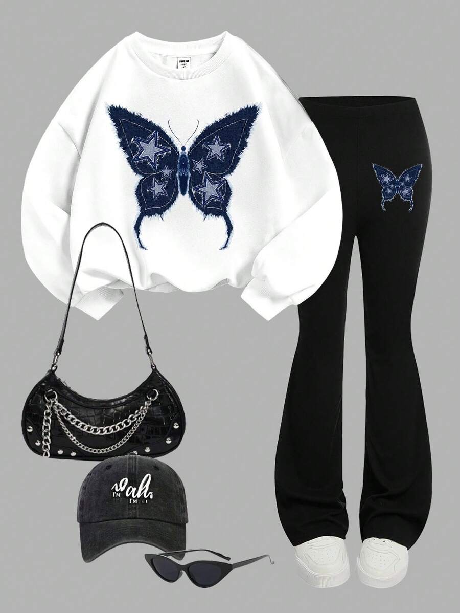 SHEIN Conjunto de 2 Peças, Moletom de Gola Redonda Folgado com Estampa ...