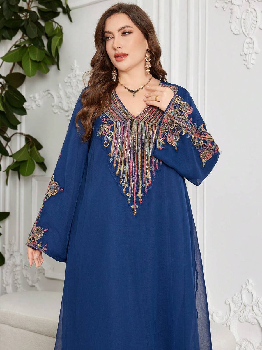 SHEIN Najma CURVE Plus Size Elegant & Simple Arabic Robe, Embroidered Abaya Robe, Islamic Attire ...