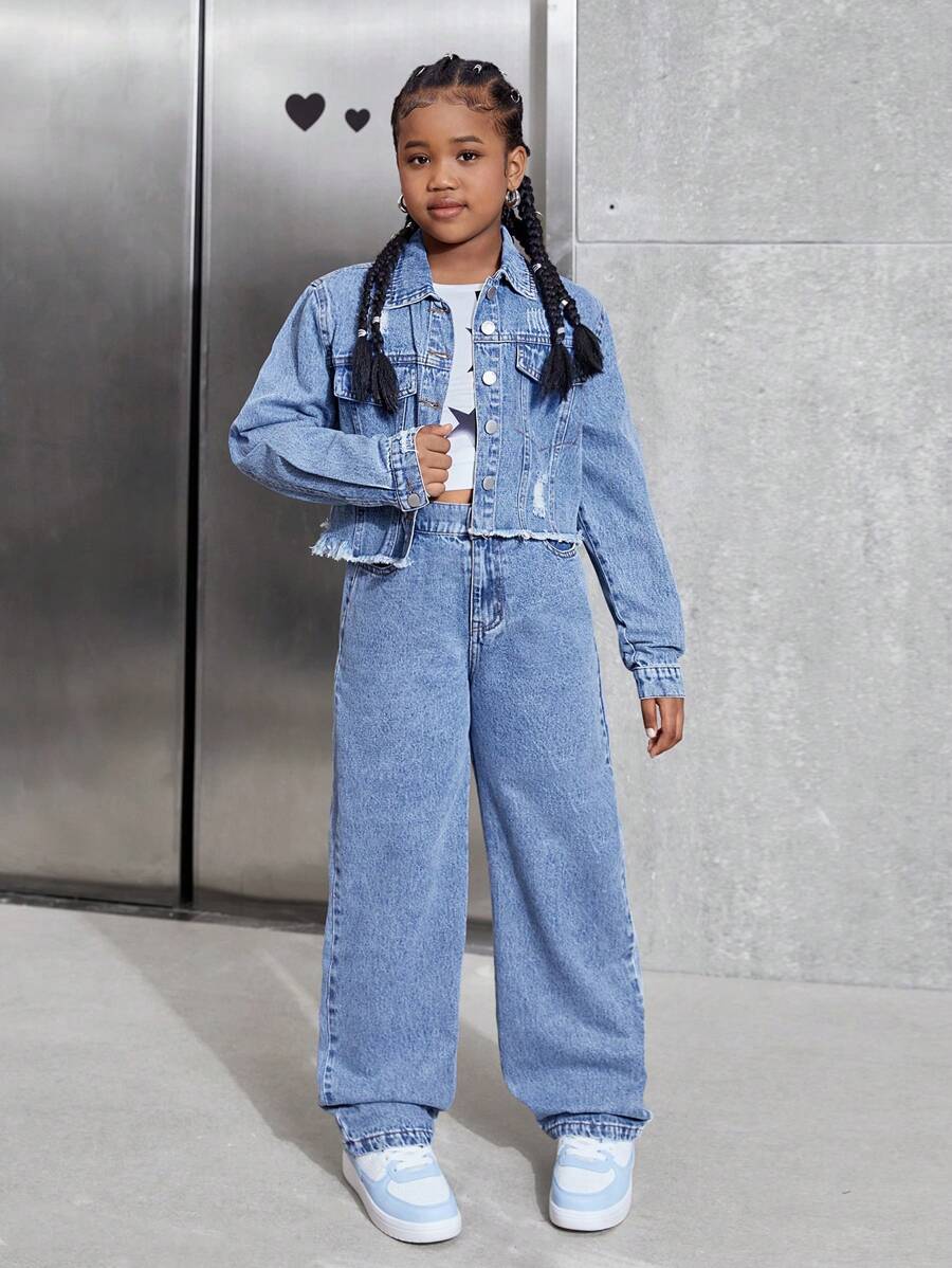 SHEIN Conjunto de Roupas Infantis Femininas Estilo Y2K, Jaqueta Denim ...