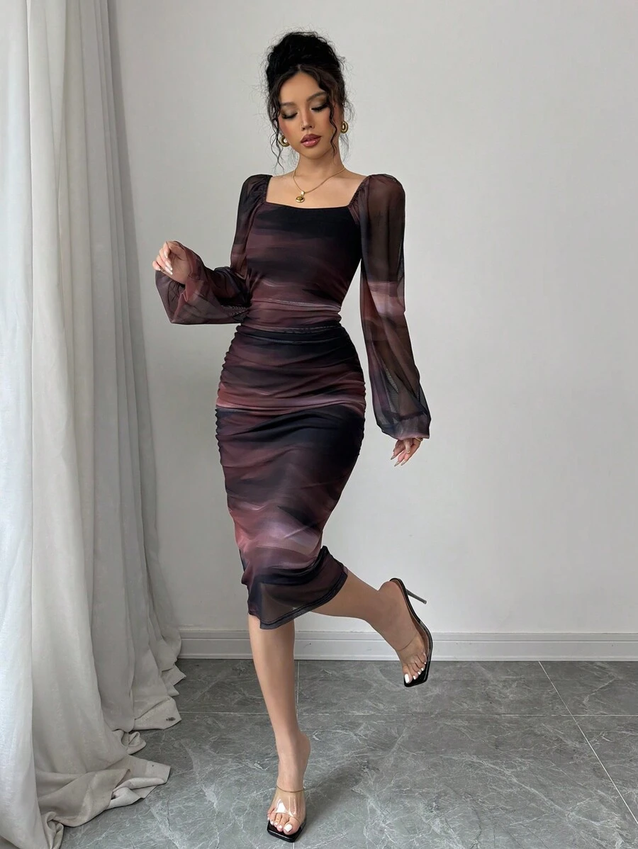 Rafferiza Lange Damen Chiffon-Kleid mit Leopardenmuster, Langarm, für ...
