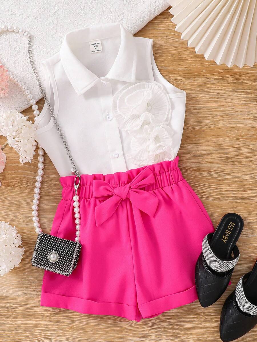 SHEIN 2pcs Young Girl Plain Collared Ruffle Hem Crop Top And Plain Woven Shorts Set for Sale ...